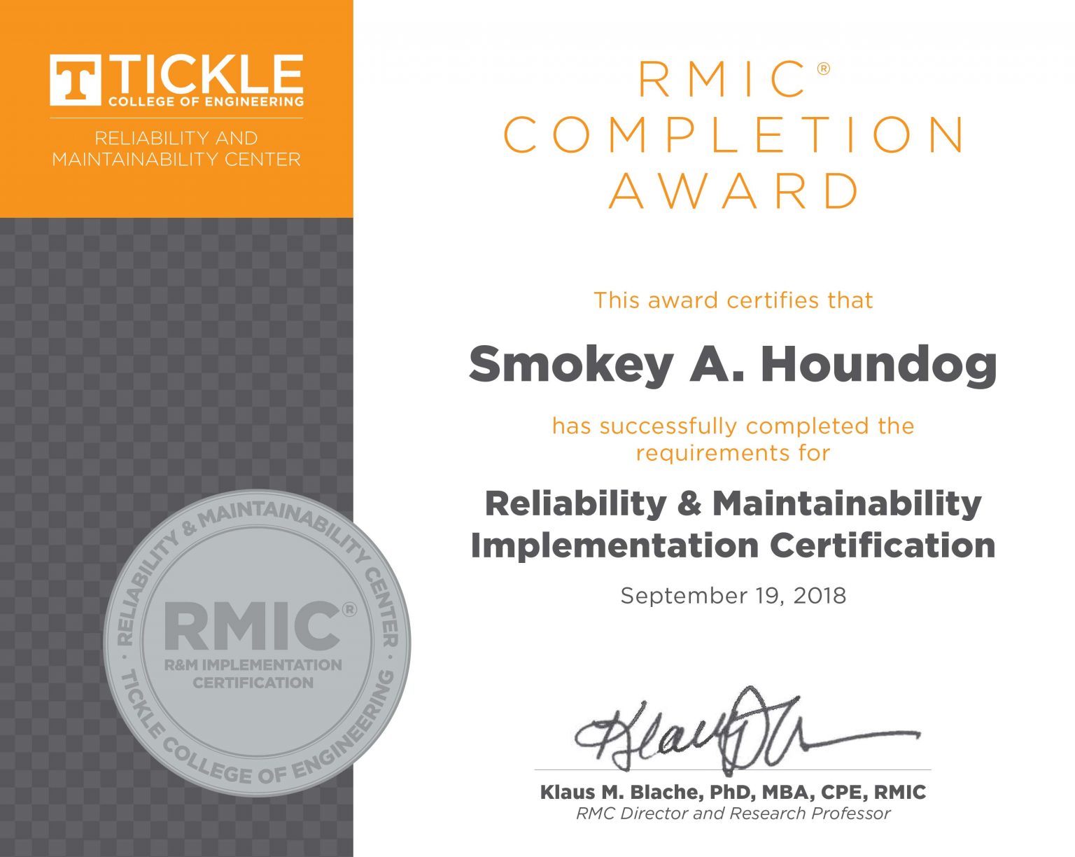 Reliability & Maintainability Implementation Certification (RMIC ...